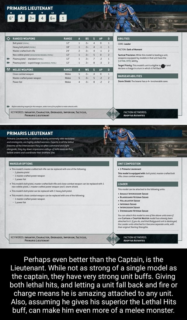 PRIMARIS LIEUTENANT ' RANGED WEAPONS Bolt pistol jristou} CORE: Leader ...