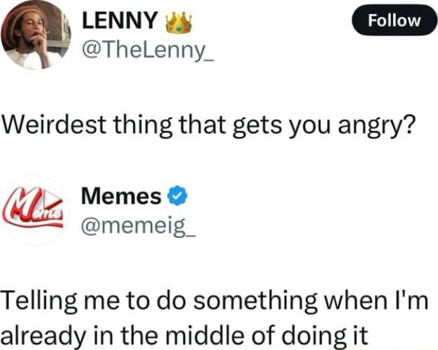 LENNY @TheLenny_ Weirdest thing that gets you angry? Memes Telling me ...