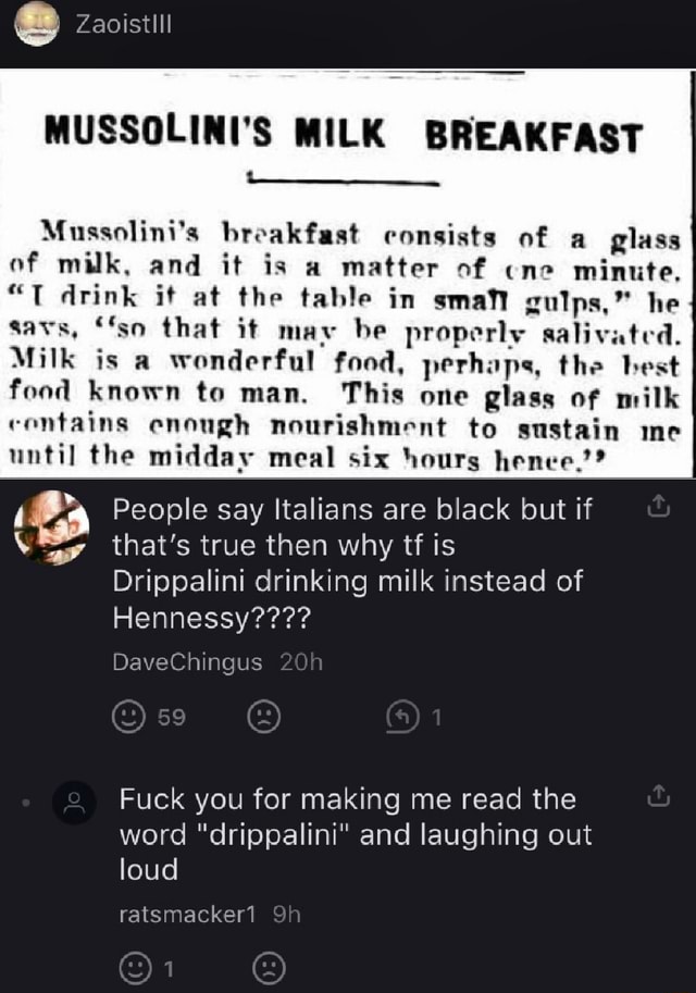 Zaoistlll MUSSOLINI'S MILK BREAKFAST Mussolini's breakfast consists of ...