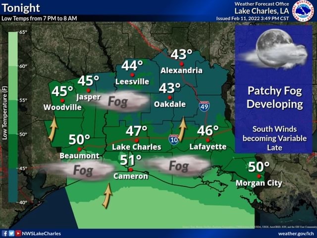 Weather Forecast Office Tonight Lake Charles, LA Low Temps from 7 PM to ...