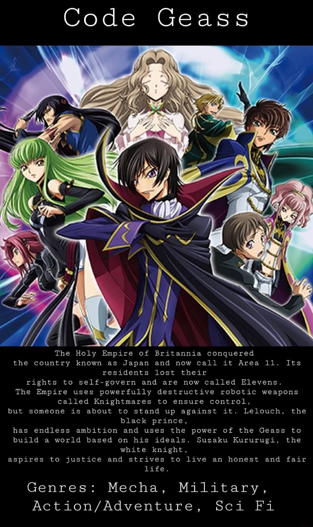 Code Geass Sci Fi Genres: Mecha, Military, Action/Adventure, - iFunny