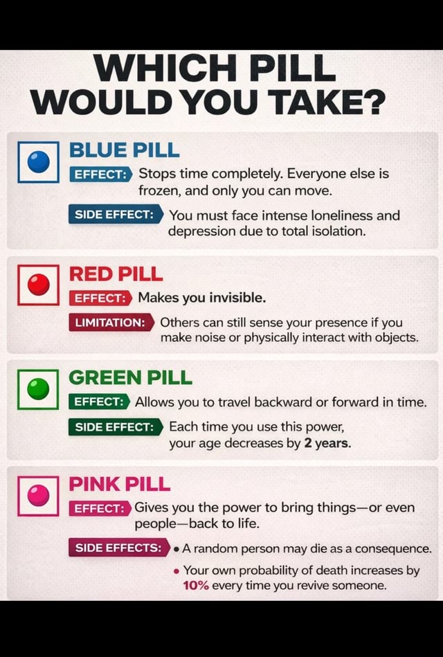 WHICH PILL WOULD YOU TAKE? BLUE PILL Stops time completely. Everyone ...