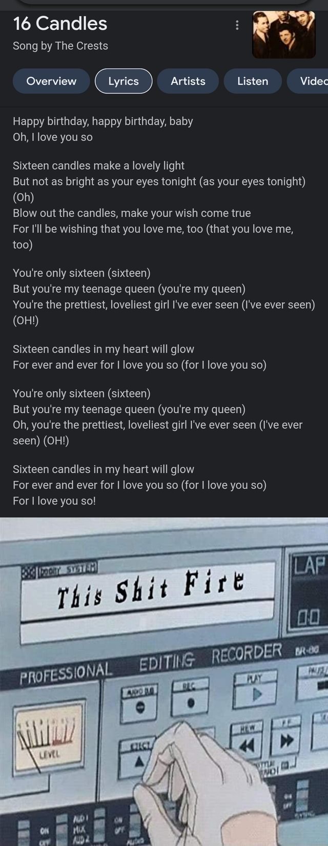 16 Candles Song by The Crests Overview Artists Listen Videc Happy birthday, happy birthday, baby ...