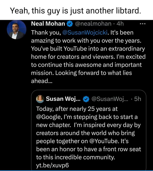 Yeah, this guy is just another libtard. Neal Mohan @nealmohan Thank you ... Yeah, this guy is just another libtard. Neal Mohan @nealmohan Thank you ...