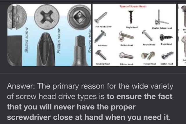 Answer: The primary reason for the wide variety of screw head drive ...