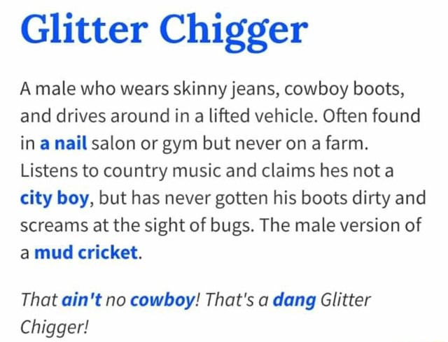 Glitter Chigger A male who wears skinnyjeans, cowboy boots, and drives ...