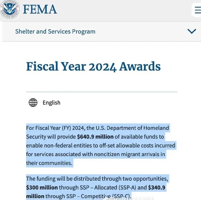 FEMA Shelter and Services Program Fiscal Year 2024 Awards English For ...