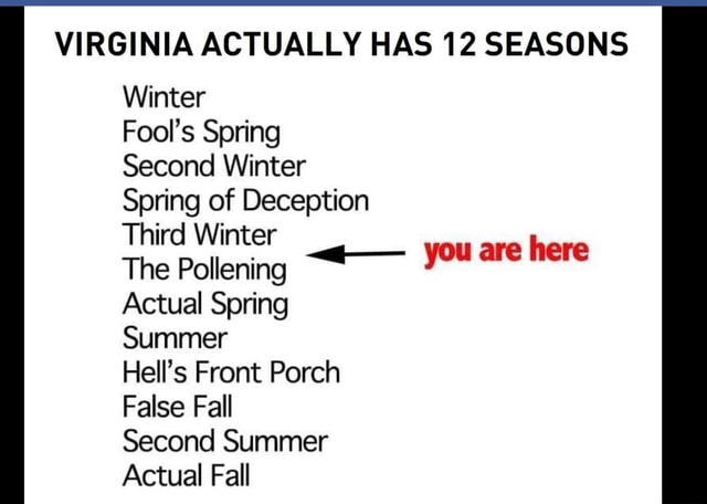 VIRGINIA ACTUALLY HAS 12 SEASONS Winter Fool’s Spn'ng Second Winter ...