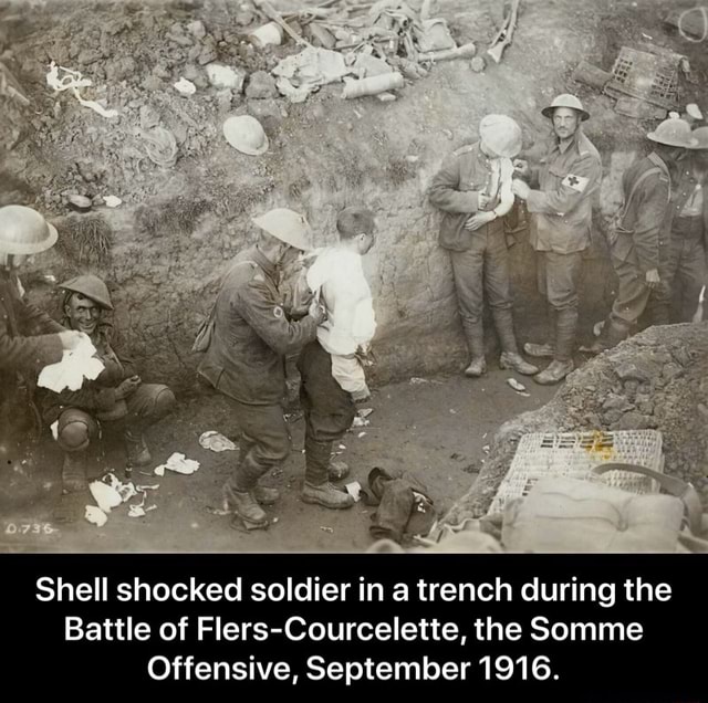 Shell shocked soldier in a trench during the Battle of Flers ...