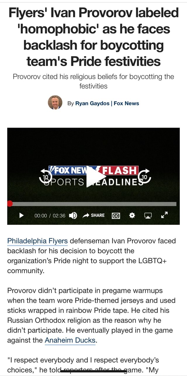 Flyers' lvan Provorov labeled ''homophobic' as he faces backlash for ...