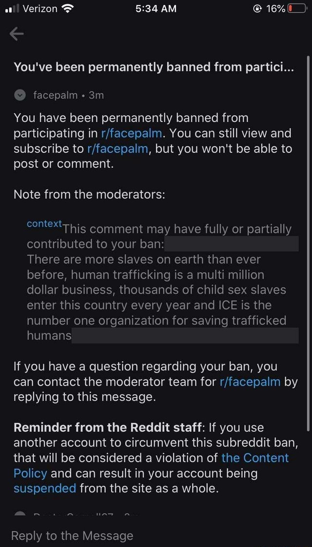 Verizon AM 16% You've been permanently banned from partici... facepalm ...