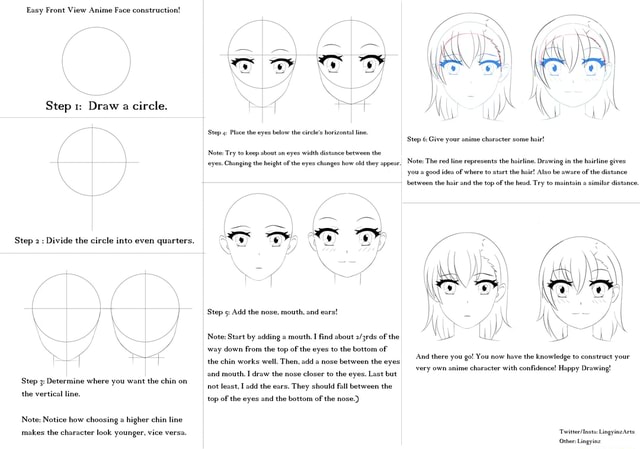 Easy Front View Anime Face construction! Step 1: Draw a circle. Step 2 ...