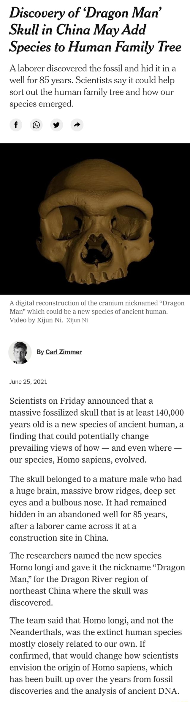 Discovery of 'Dragon Man' Skull in China May Add Species to Human ...
