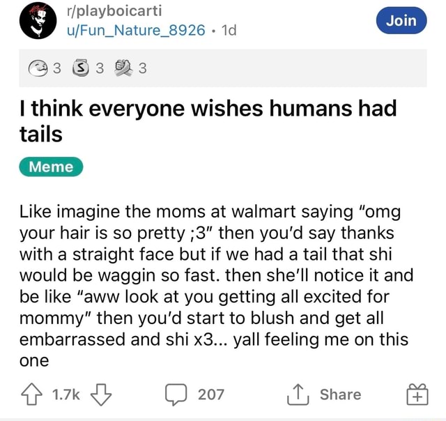 Think everyone wishes humans had tails Meme Like imagine the moms at ...