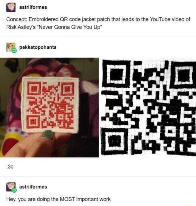 Concept: Embroidered QR code jacket patch (hat leads to me YouTube wdeo ...