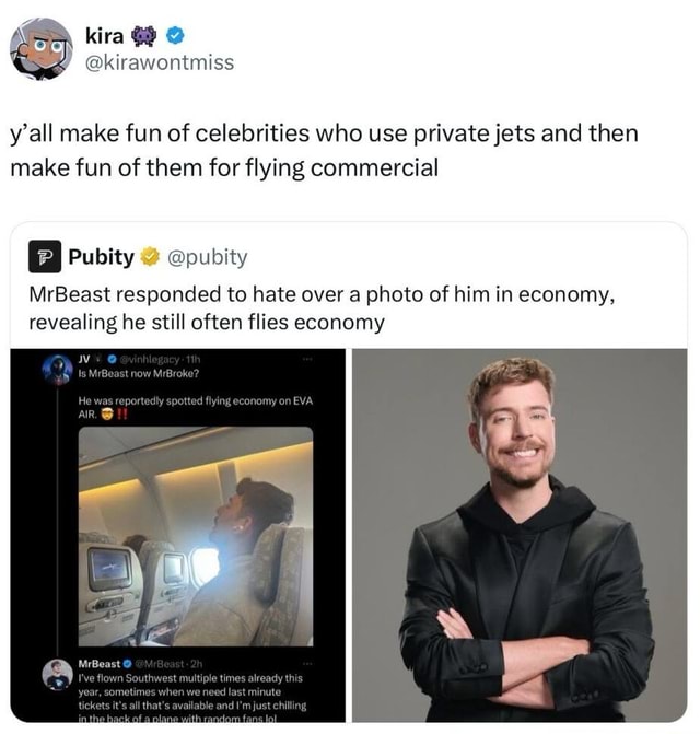 Kira @kirawontmiss y'all make fun of celebrities who use private jets and then make fun of them ...