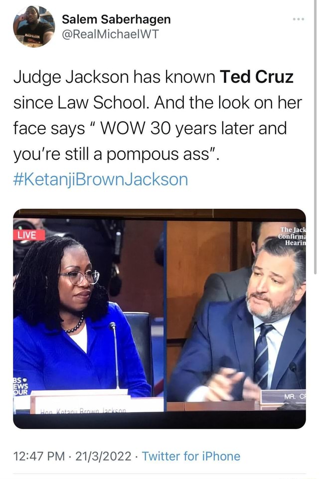 Judge Jackson has known Ted Cruz since Law School. And the look on her ...