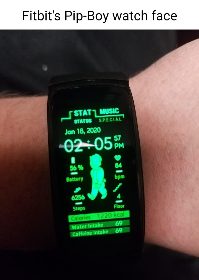 Fitbit's Pip-Boy watch face _s STAT STATUS SPECIAL Battery bpm 6256 4 ...