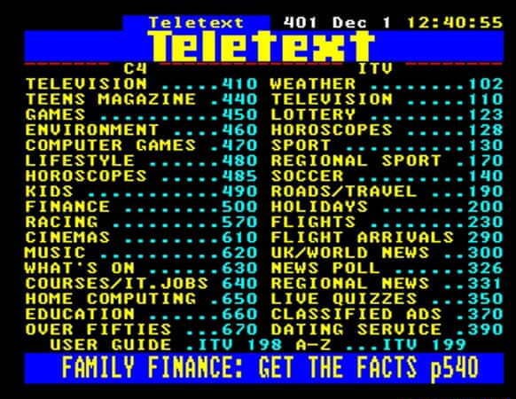 I'm this old - Teletext let TELEVISION .....410 WEATHER TEENS MAGAZINE .440 TELEVISION GAMES ...