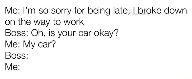 Me: I'm so sorry for being late, I broke down on the way to work Boss ...