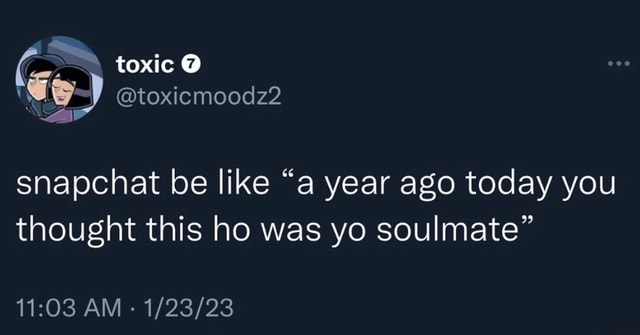 Toxic @ snapchat be like "a year ago today you thought this ho was yo ...
