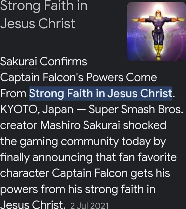 Strong in Jesus Christ Sakurai Confirms Captain Falcon's Powers Come ...