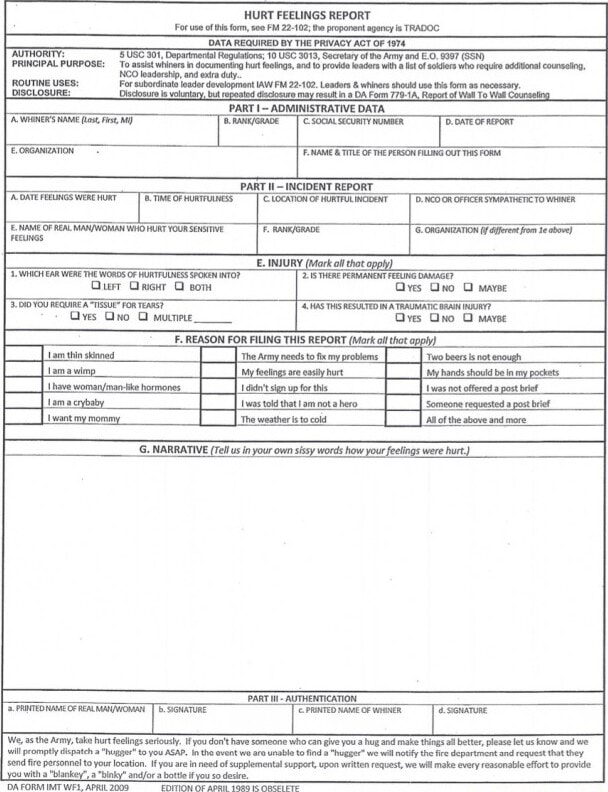 HURT FEELINGS REPORT For weof fom, 22-102; he proponent agency TRADOC ...