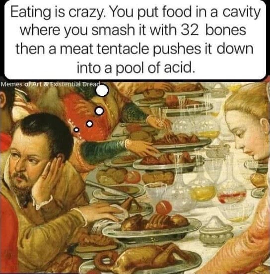 Eating is crazy. You put food in a cavity where you smash it with 32 ...