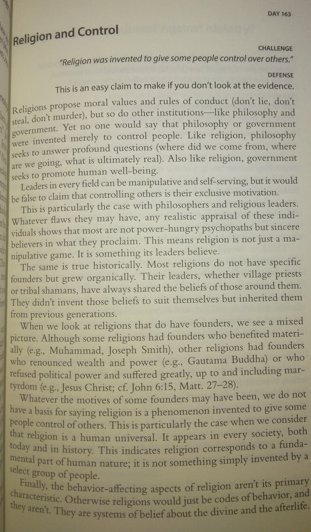 Religion and Control OAY CHALLENGE "Religion was invented to give some ...