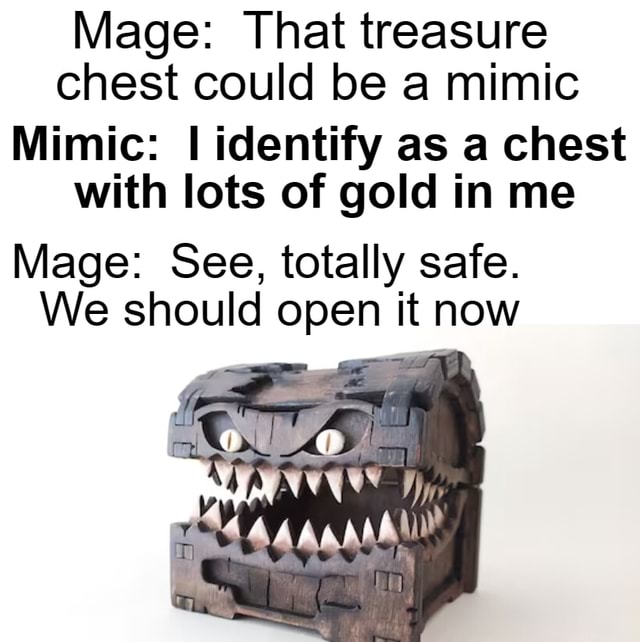 Mage: That treasure chest could be a mimic Mimic: I identify as a chest ...