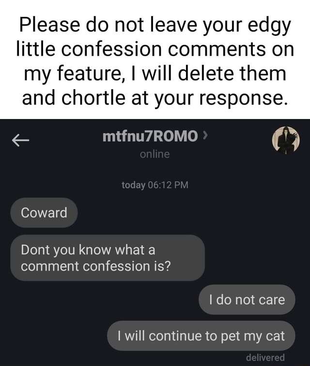 Please do not leave your edgy little confession comments on my feature ...