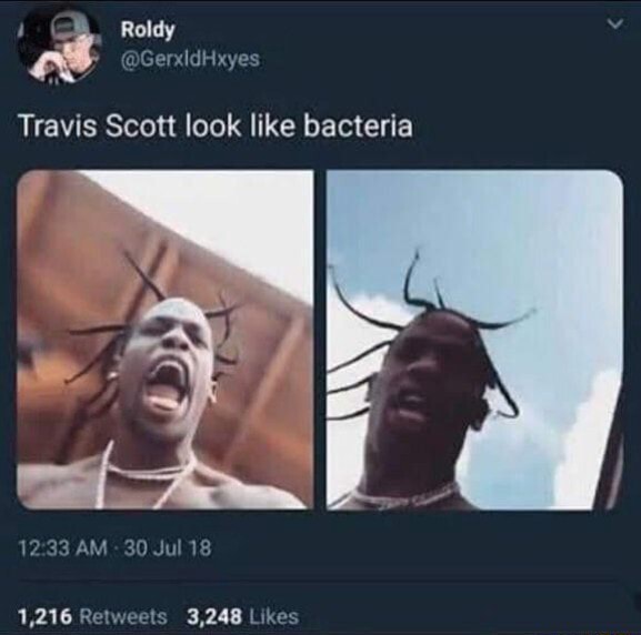 Travis Scott look like bacteria 12 AM 30 Jul 18 1,216 Rekweets 3,248 Likes - iFunny