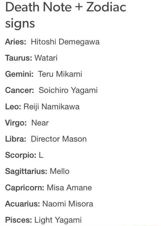 Death Note + Zodiac signs Aries: Hitoshi Demegawa Taurus: Watari Gemini ...