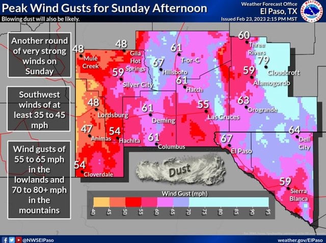 Peak Wind Gusts for Sunday Afternoon 48 61 Blowing dust will also be ...