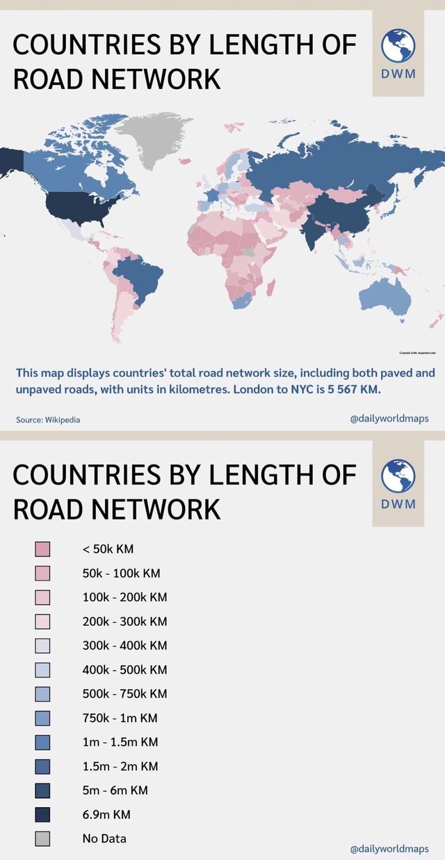 COUNTRIES BY LENGTH OF ROAD NETWORK This map displays countries' total ...