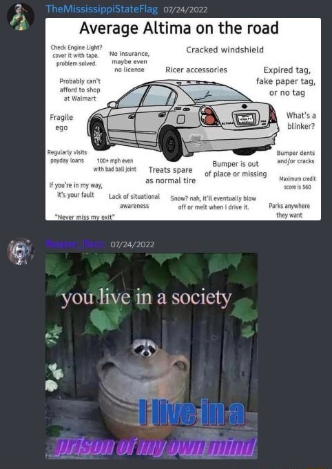 Average Altima on the road ht? Cracked windshield rie Expired tag, fake ...