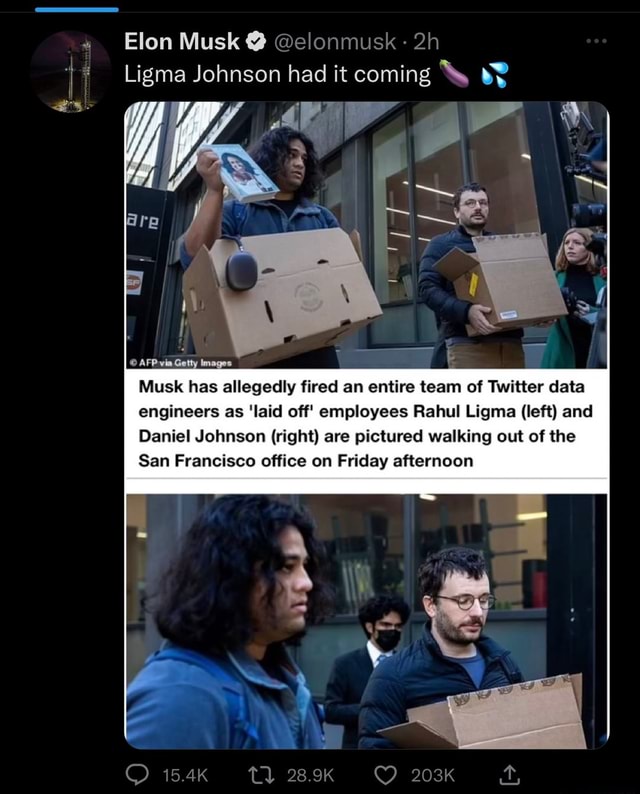 Elon Musk @ @elonmusk Ligma Johnson had it coming \ AFP via Gett Musk ...