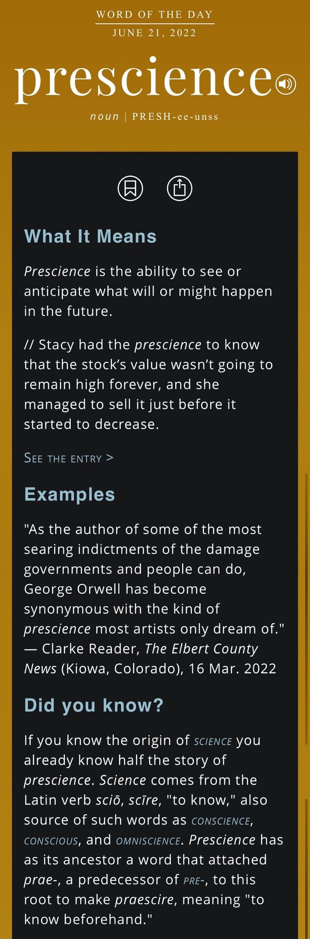 WORD OF THE DAY JUNE 21, 2022 presciencee noun PRESH-ee-unss What It ...