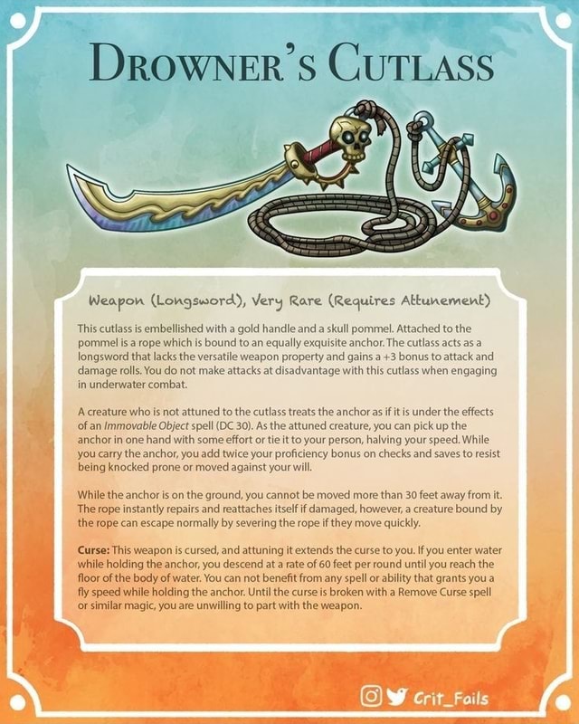 Drowner's CUTLASS Weapon (Longsword), Very Rare (Requires Attunement ...