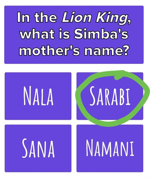 In the Lion King, what is Simba's mother's name? NALA SANA - iFunny