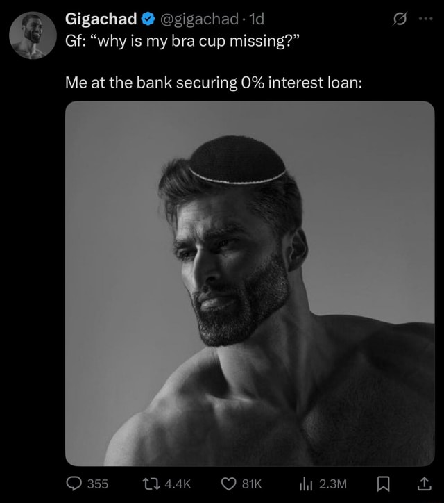 Gigachad @ @gigachad- id Gf: "why is my bra cup missing?" Me at the ...