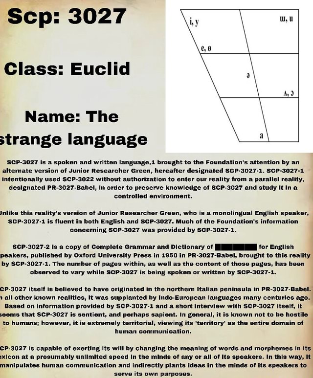Scp: 3027 Class: Euclid Name: The strange language SCP-3027 is a spoken ...