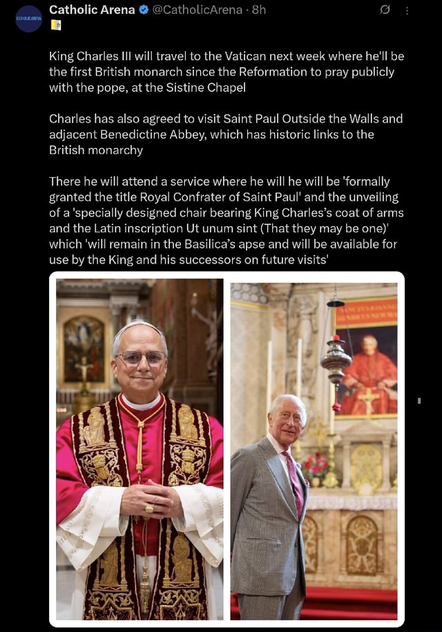 Catholic Arena @ @CatholicArena King Charles III will travel to the ...