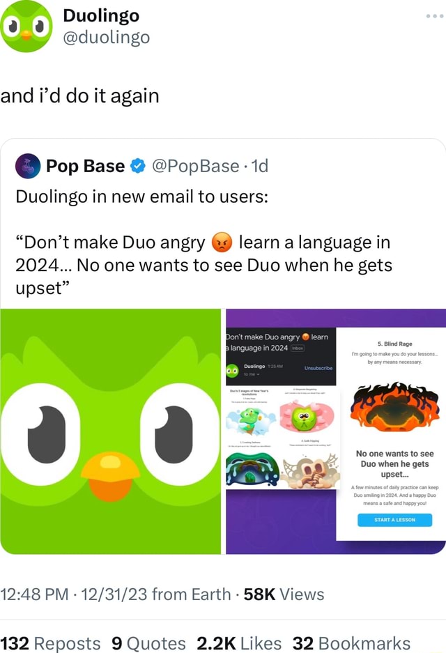 Duolingo @duolingo and i'd do it again Pop Base @ @PopBase id Duolingo in new email to users ...