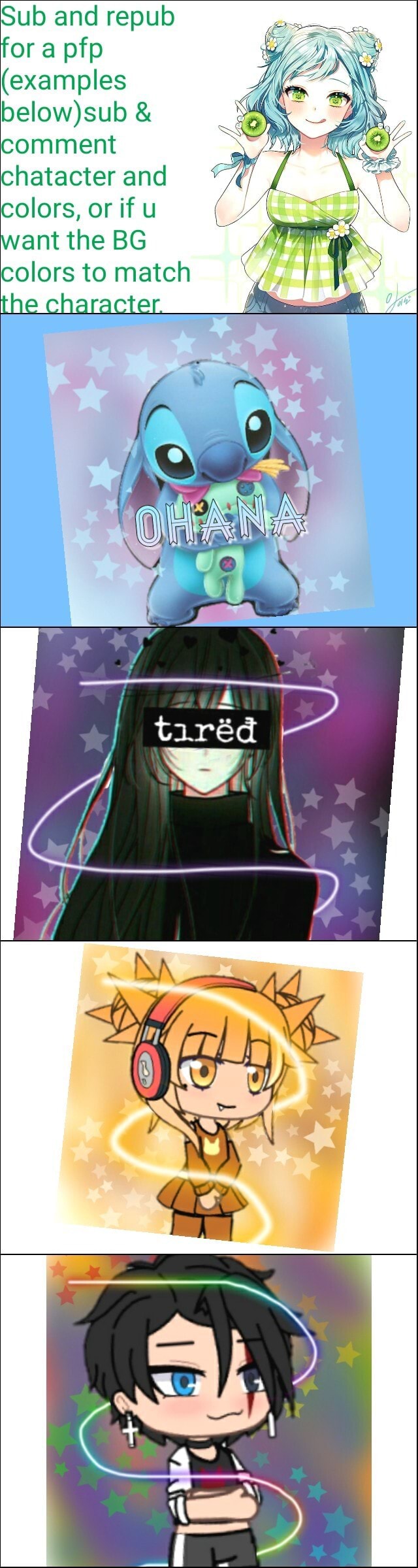 Sub and repub for a pfp (examples below)sub comment chatacter and ...