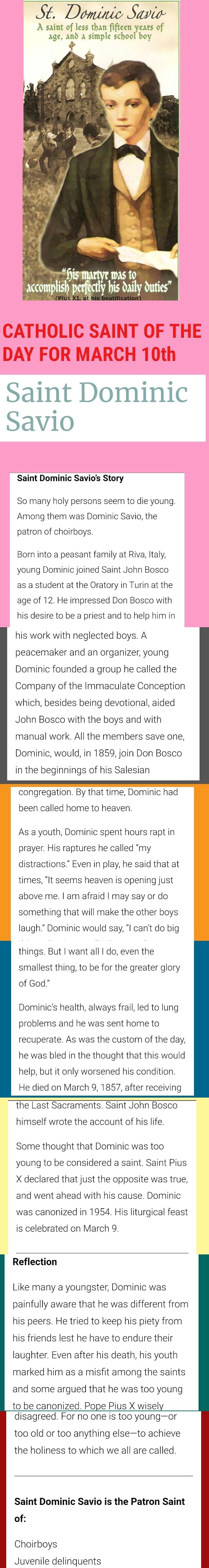 St. Dominic Savio- A saint of less than fifteen years of age, and ...