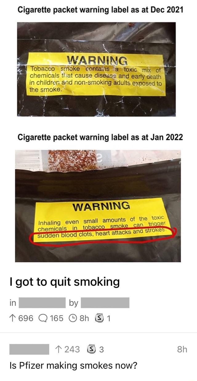 Cigarette packet warning label as at Dec 2021 WARNING Tobacco smoke ...