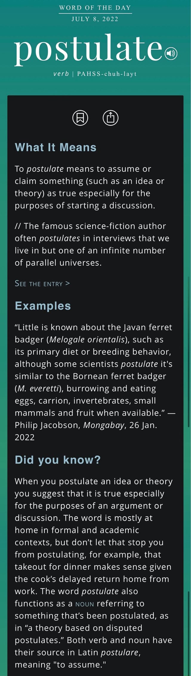 WORD OF THE DAY JULY 2022 postulates verb I PAHSS-chuh-layt What It ...