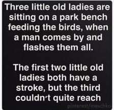Three little old ladies are sitting on a park bench feeding the birds ...