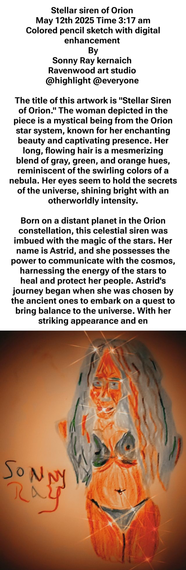 Stellar siren of Orion May 12th 2025 Time am Colored pencil sketch with ...